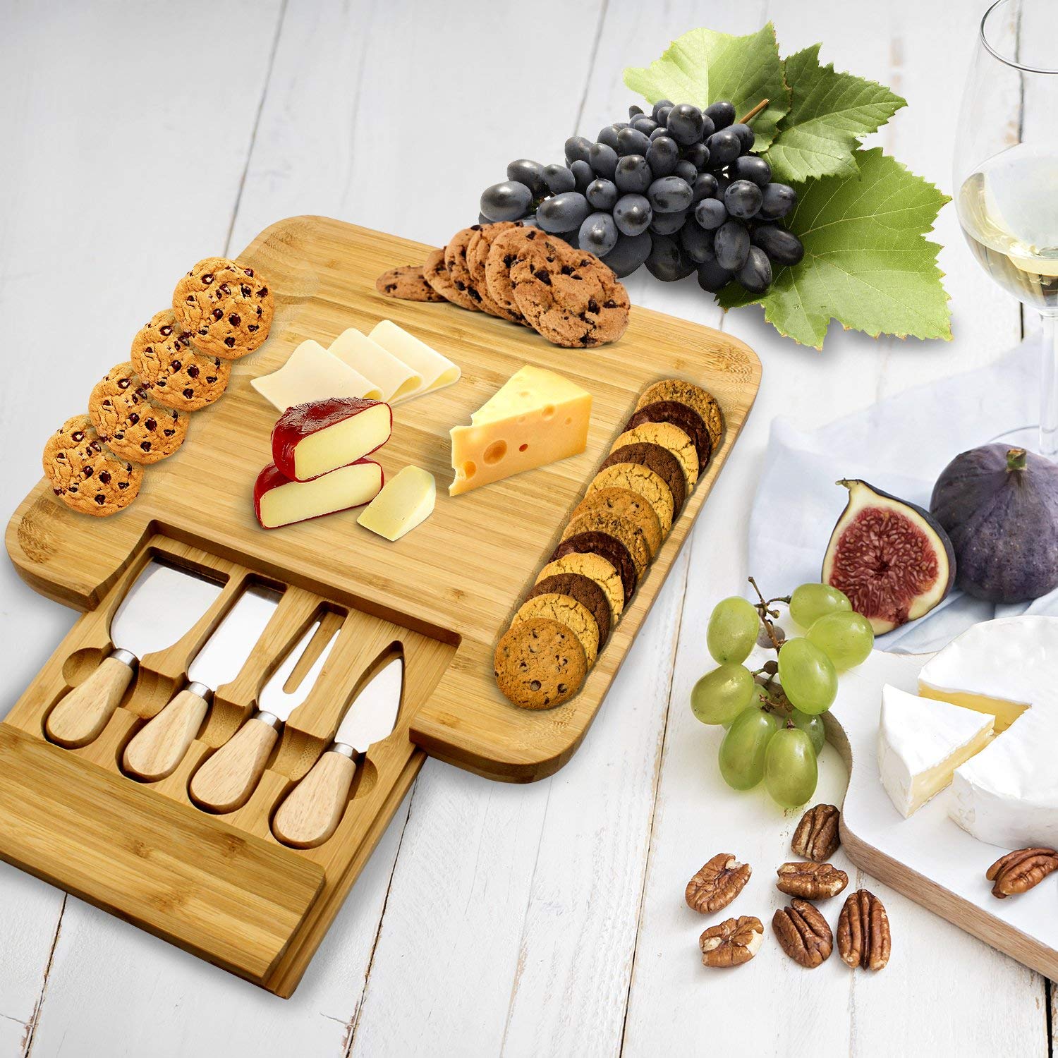 Esup Bamboo Cheese Board Set Cheese Plate 13'' x 13'' With Integrated Slide-Out Drawer and 4 Specialist Cheese Knives Set