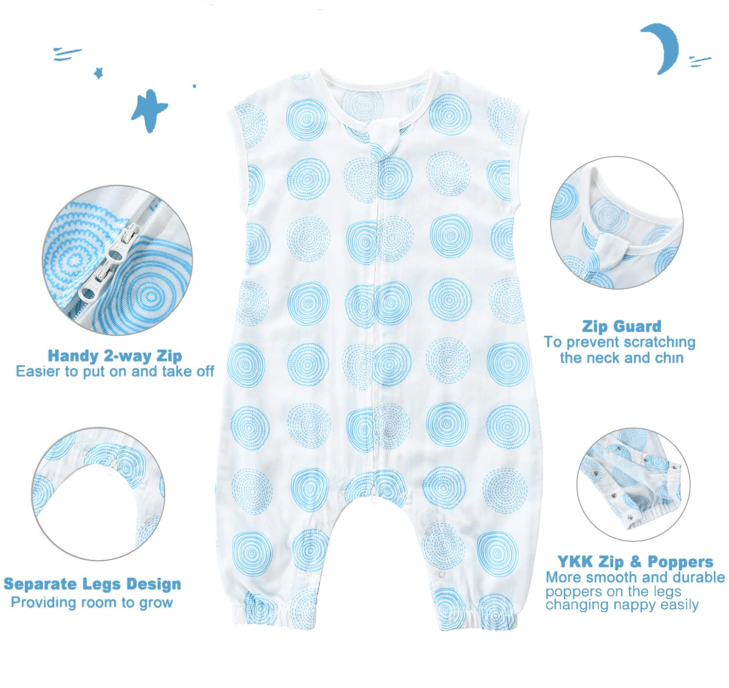 TADO MUSLIN Baby Sleeping Sack 100% Organic Cotton Toddlers Wearable Blanket with Legs, Blue Circle, 35",For 2-4 Years