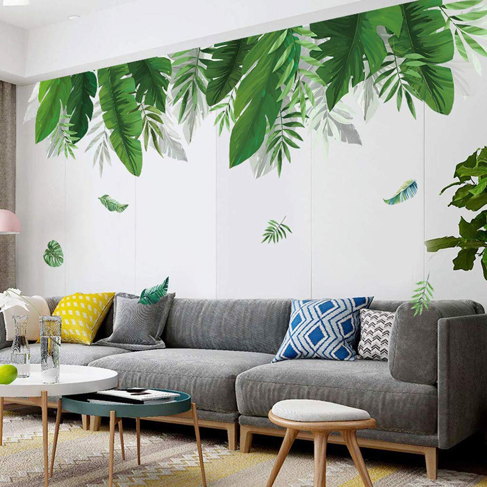 RuiHome Tropical Palm Leaves Wall Sticker Green Plants Removable Art Decal for Living Room Baby Kids Bedroom Kitchen Cafe Shops