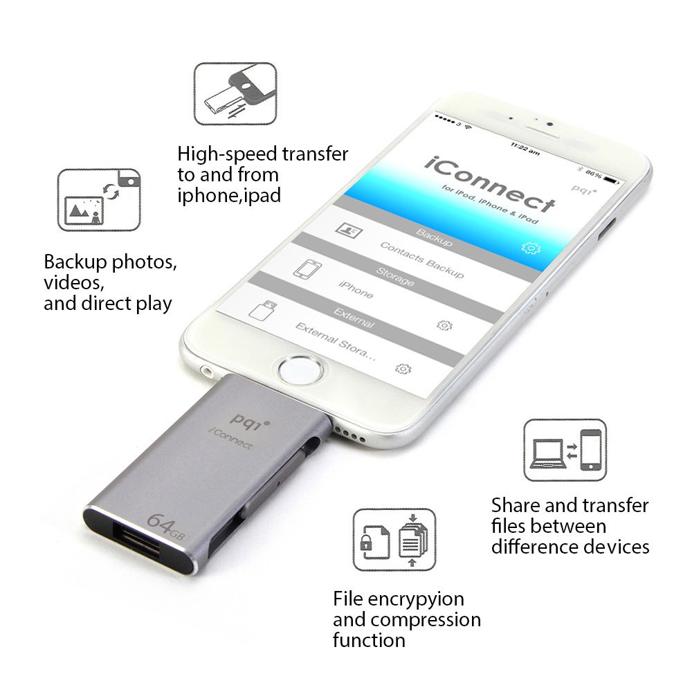 Flash Drive for iPhone iPad, iConnect[USB 3.0] [Apple MFi Certified] Apple FlashDrive Mobile Storage with Lightning Connector for iPhone, iPad, iPod Mac and Computer (64GB) (Space Gray)