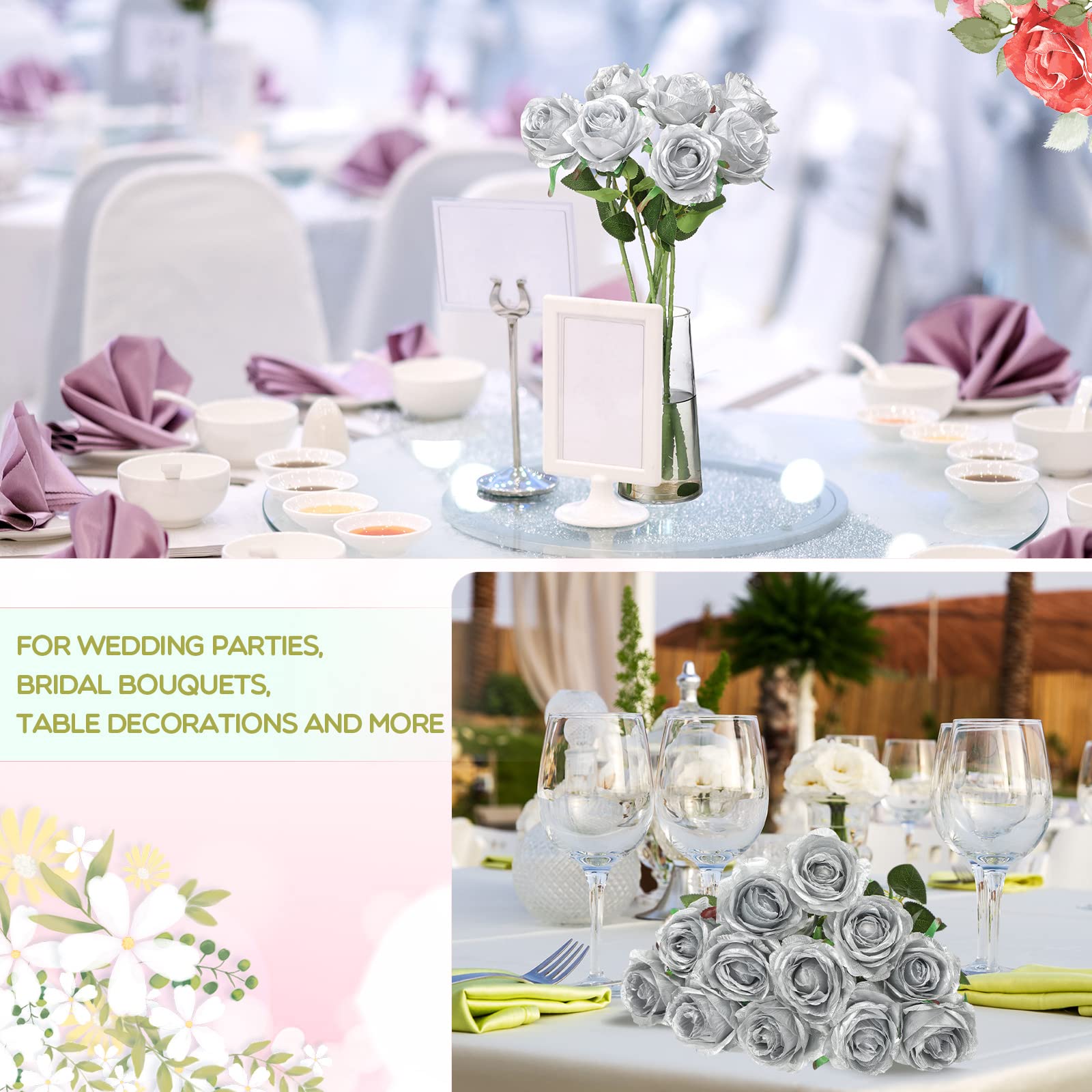 50 Pcs Artificial Rose Flower Realistic Silk Roses with Stem Bouquet of Flowers Plastic Flowers Real Looking Fake Roses for Home Wedding Centerpieces Party Decorations (Silver)