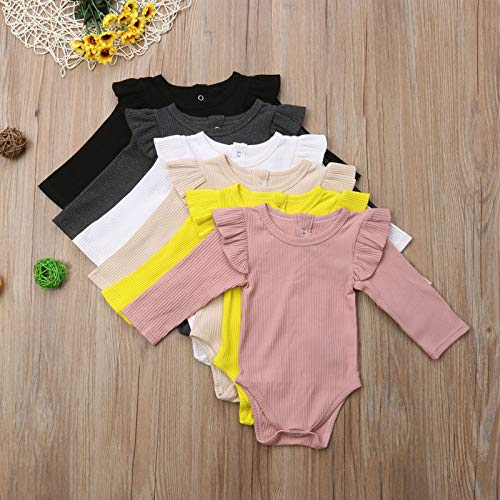 Mubineo Infant Baby Girl Basic Plain Rib Knit Ruffle Long Sleeve Romper Bodysuit Tops (White, 12-18 Months)