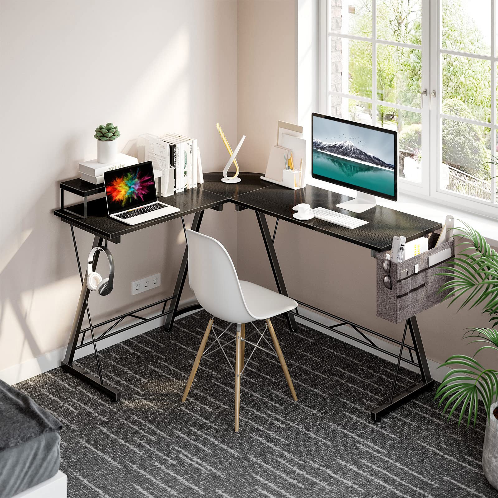 Casaottima L Shaped Gaming Desk, 58" Home Office Desk with Round Corner, Computer Desk with Large Monitor Stand Desk Workstation, Black