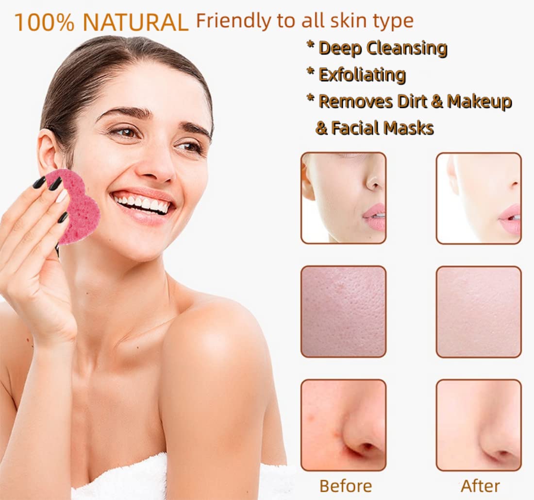 50-Count Compressed Facial Sponges Heart Shape,Reusable Natural Face Sponges Professional Cosmetic Spa Sponges for Face Cleansing, Massage, Pore Exfoliating, Mask, Makeup Removal (Heart, Pink)