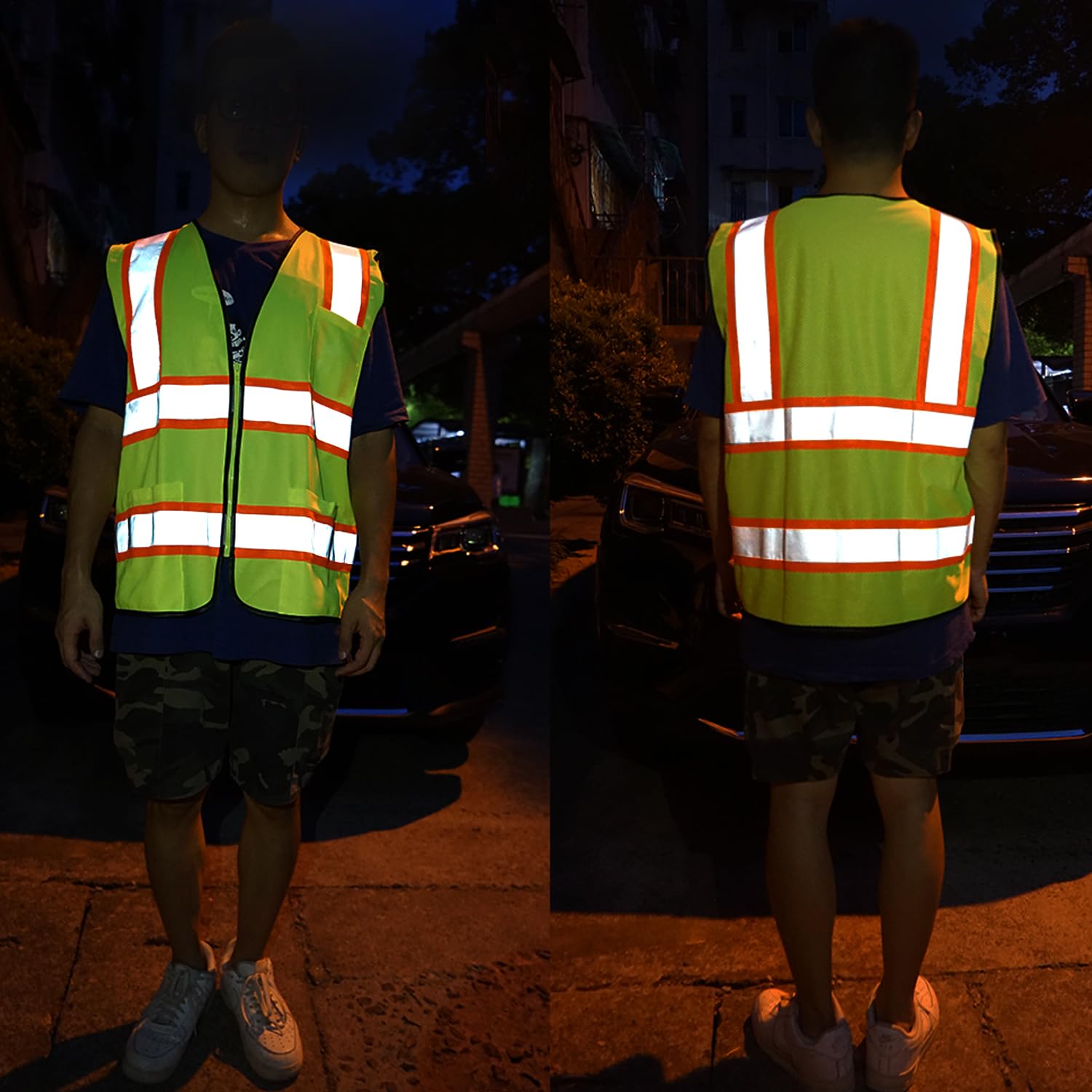 T-Sheng A Mesh and Knitted Safety Vest for Men with Pockets and Zipper Bright Neon Color with Reflective Strips,High Reflective Vest Fit Unisex Perfect M