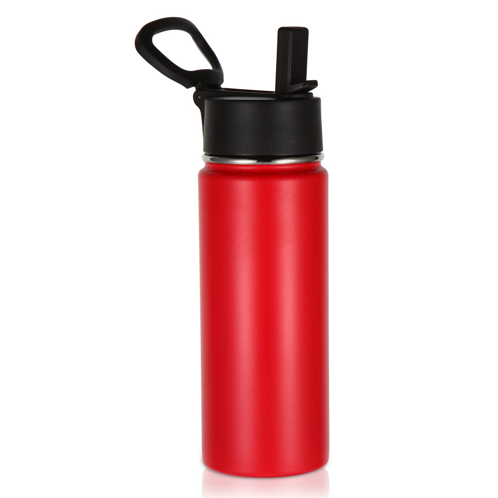 Volhoply 18oz Kids Insulated Water Bottle,Stainless Steel Water Bottles with Straw Lid,Wide Mouth Reusable Metal Thermos Water Bottle,Double Wall Vacuum Sports Travel Flask For Cold Drink(Red,1 Set)