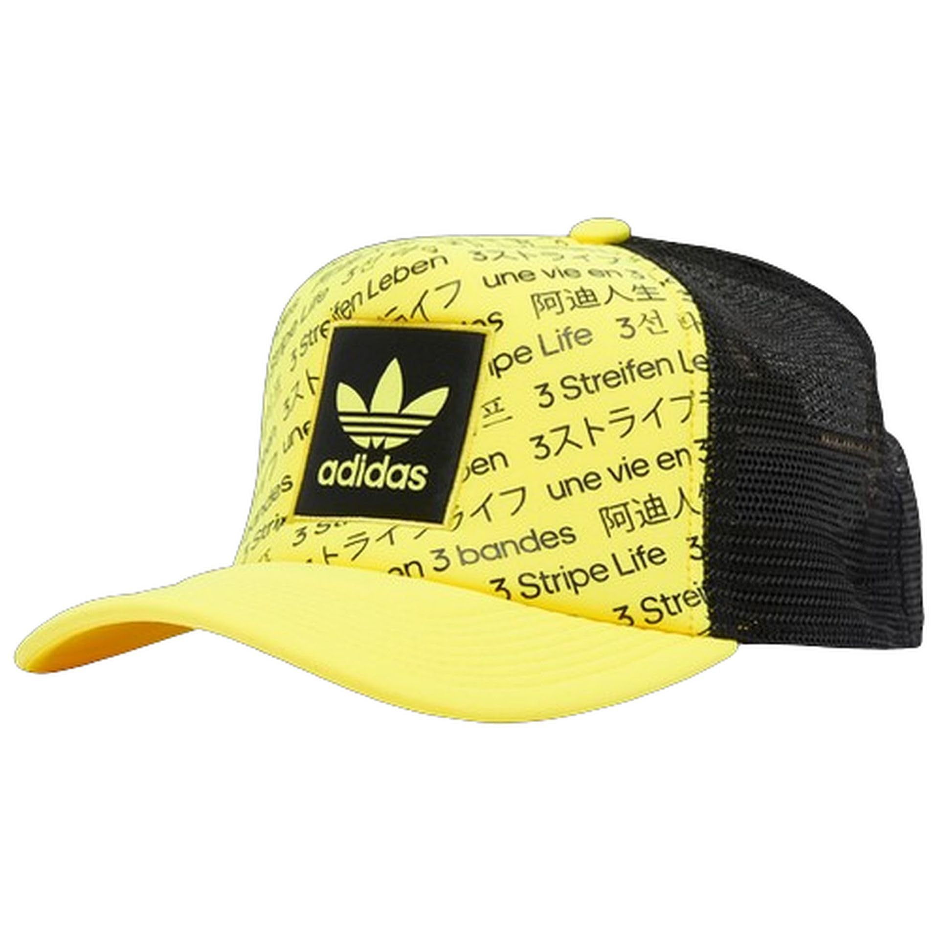 adidas Originals OG Recoded 3 Stripe Life Trucker Hat (Beam Yellow/Black, One Size)