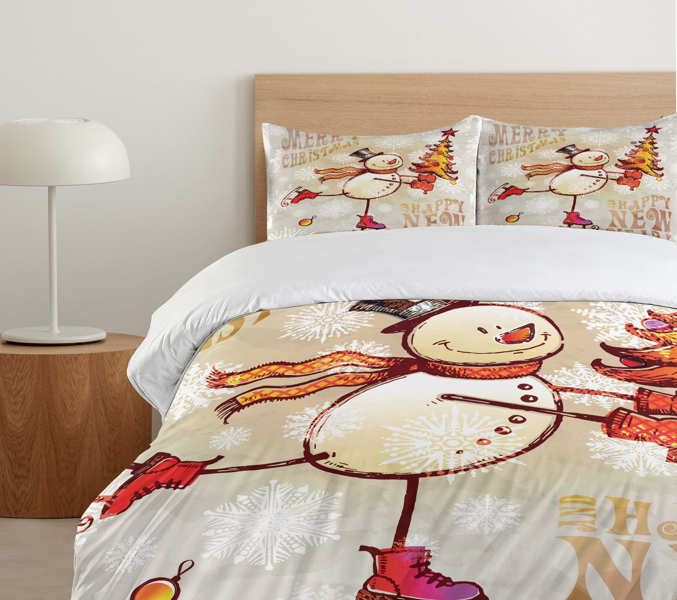 Ambesonne Christmas Duvet Cover Set, Skating Happy Snowman Xmas Tree Cheerful Hand Drawn Ornate Snowflakes, Decorative 3 Piece Bedding Set with 2 Pillow Shams, Queen Size, Beige White