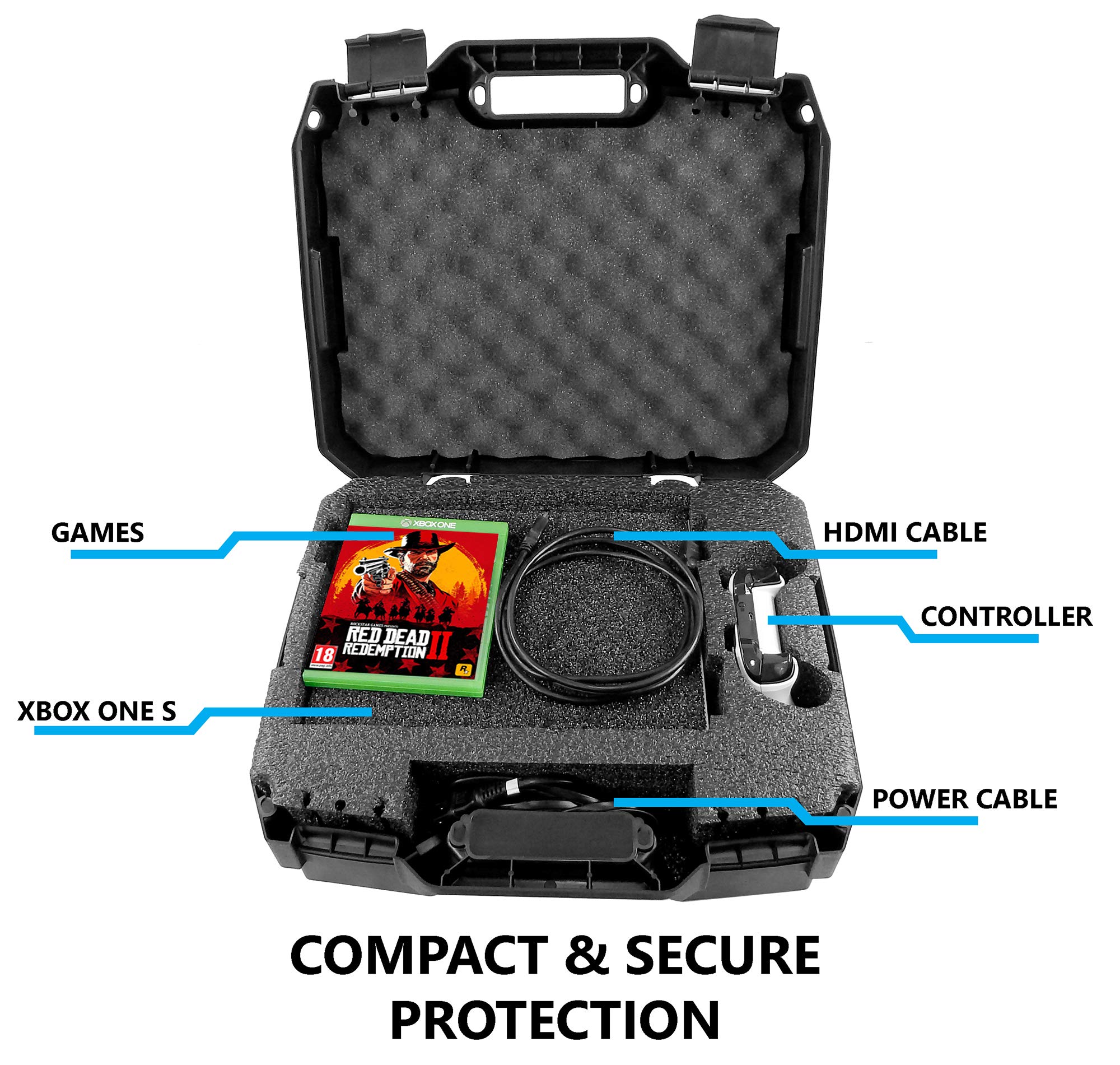 CASEMATIX Travel Case Compatible with Xbox One S - Hard Shell Carrying Case with Protective Foam Compartments for Console, Controller, Power Adapter, Games and More Accessories, Case Only