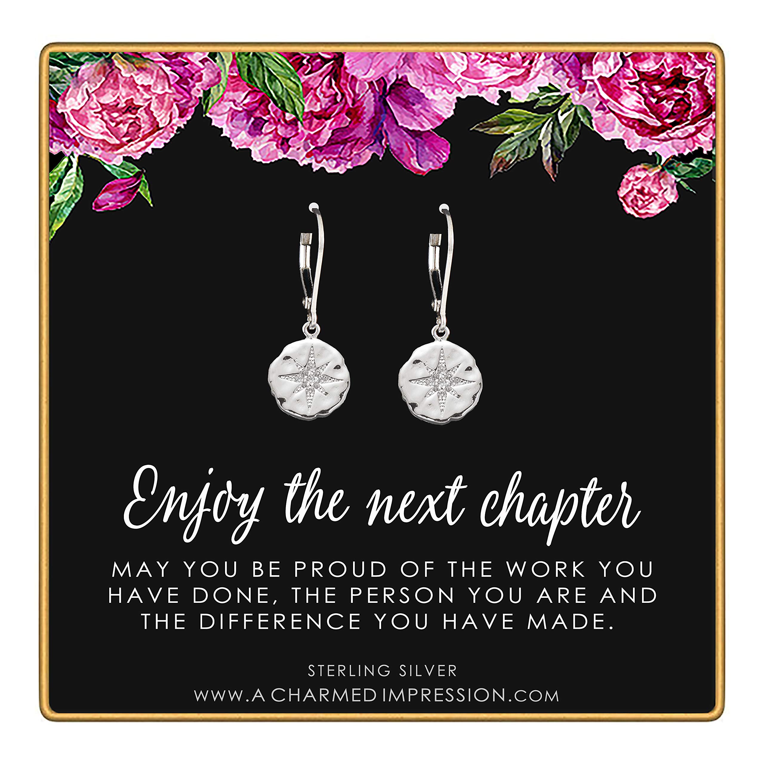 A Charmed Impression • Retirement Gift for Women • Enjoy the Next Chapter • Diamond Starburst Earrings • Congratulations • You'll be Missed • Be Proud of the Difference You Have Made Sterling Silver