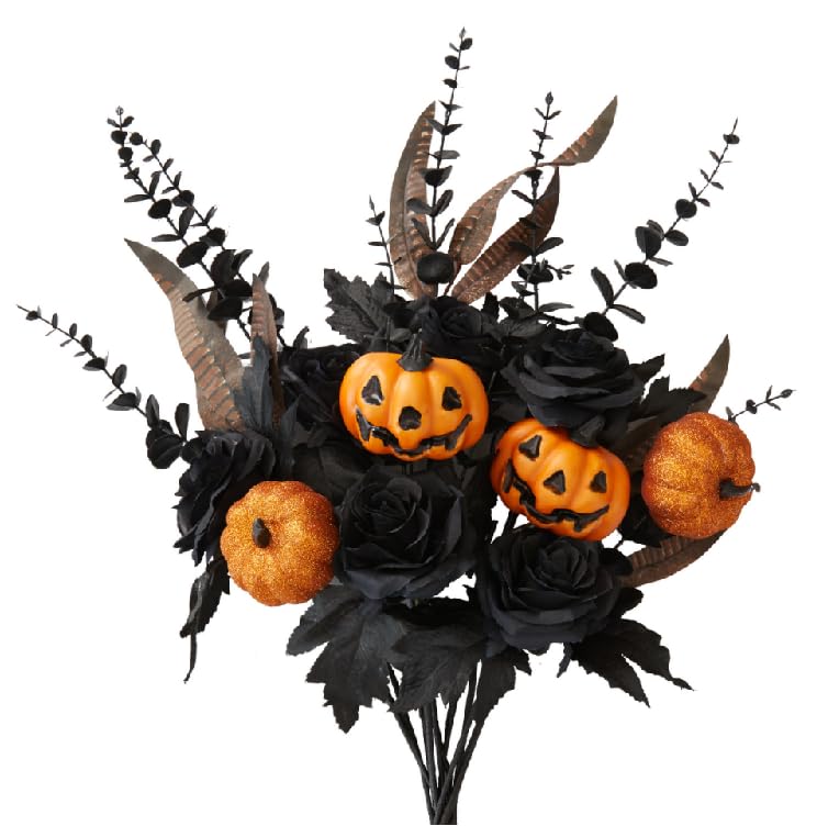 Anna's Whimsy 10PCS Halloween Decor Artificial Flowers Black Roses with Pumpkins, Halloween Table Centerpiece for Dining Kitchen Living Room Bedroom Front Door, Silk Flowers Bouquet Indoor Outdoor