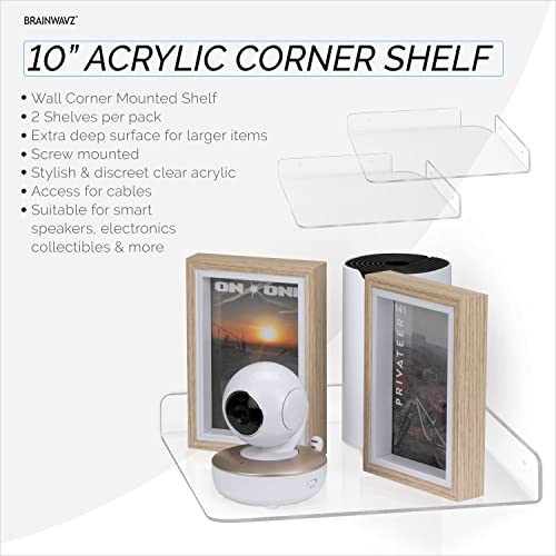 BRAINWAVZ 2-Pack 10β Corner Floating Shelf for Speakers, Books, Decor, Plants, Cameras, Photos, Kitchen, Bathroom, Routers & More Universal Small Holder Acrylic Wall Shelves (Clear)