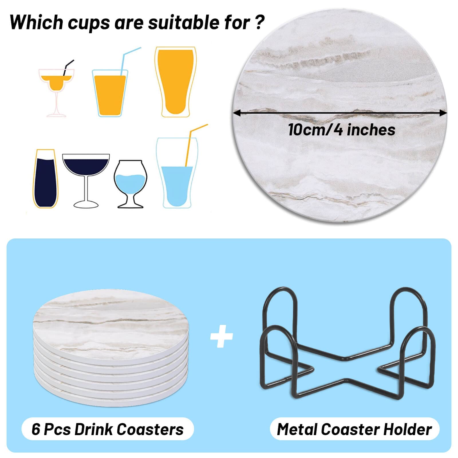Acejoz Drink Coasters with Holder for Coffee Table, Absorbent Coaster Sets of 6, Marble Style Ceramic Coaster for Wooden Table, Suitable for Kinds of Cups, Home Decor, 4 Inches