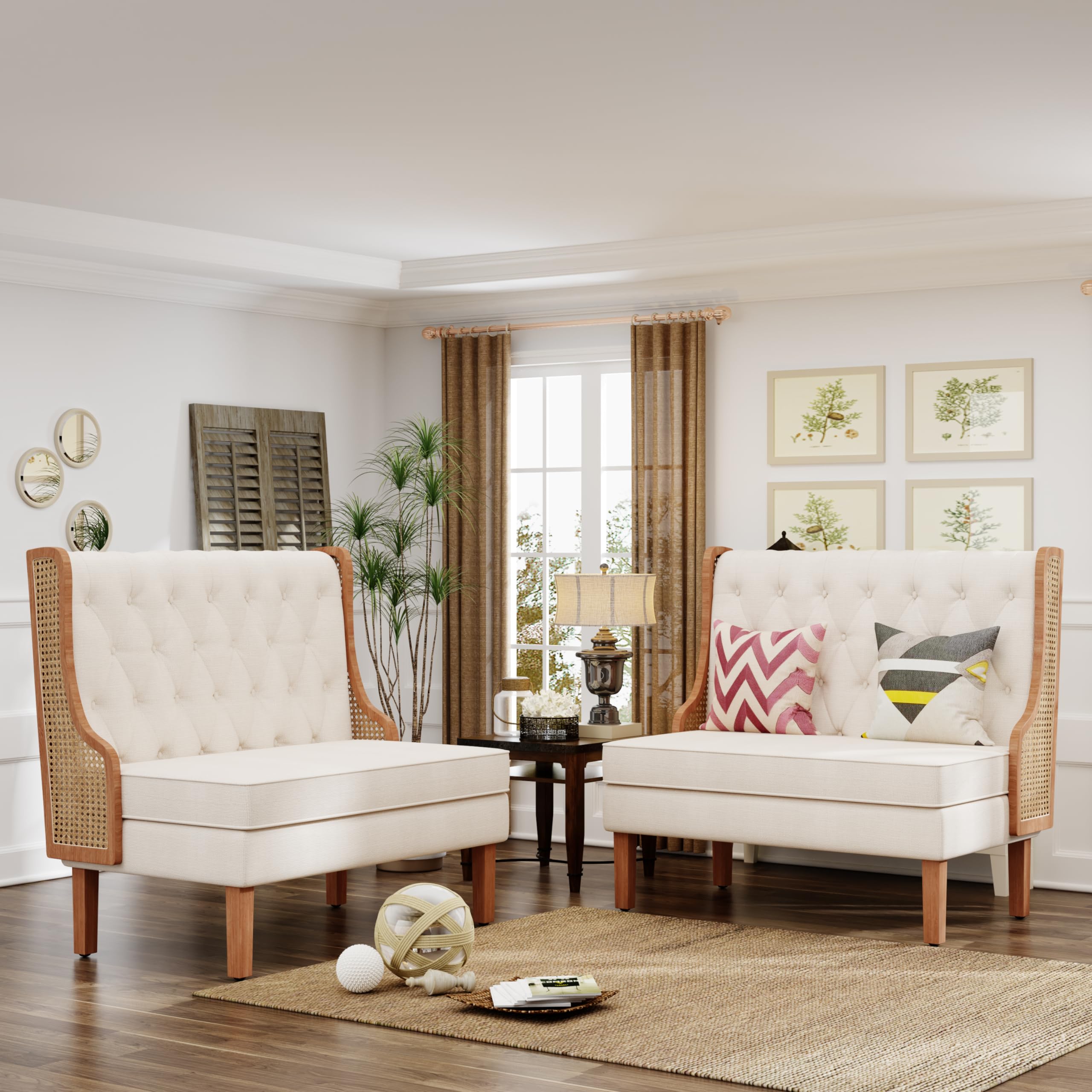 Andeworld Loveseat Settee Bench with Natural Rattan Arms,Upholstered Modern High-Back Mini Sofa Couch,Banquette Dining Bench Love Seat for Living Dining Room Bedroom Office Small Space Entryway,Ivory