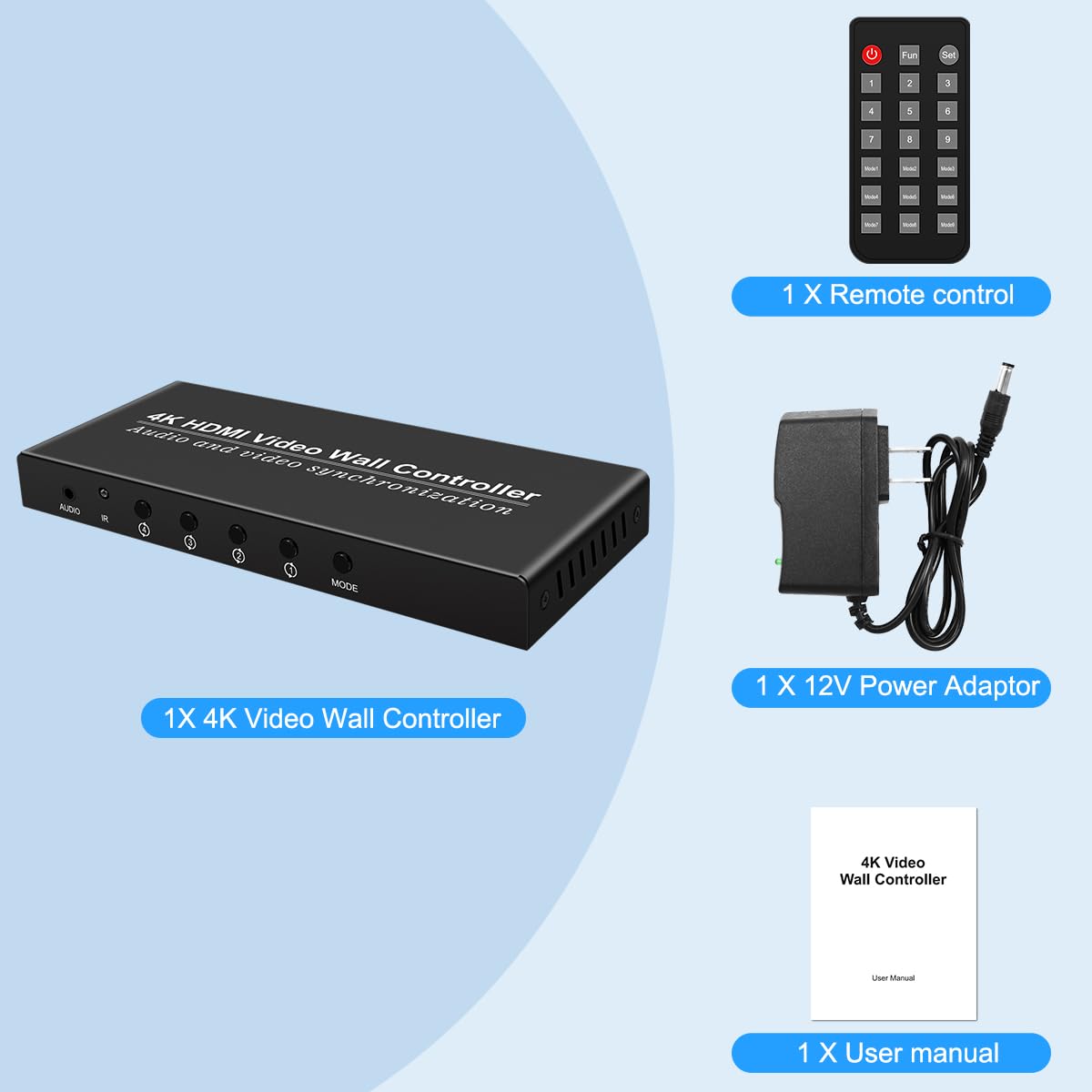 Video Wall Controller HDMI 1X4,Splicing Professional Processor with 4 HDMI+3.5mm Audio Output 180 Degree Rotate TV Wall Display 8 Splicing Modes 1x1, 1x2, 1x3, 1x4, 2x1, 3x1,4x1, 2x2