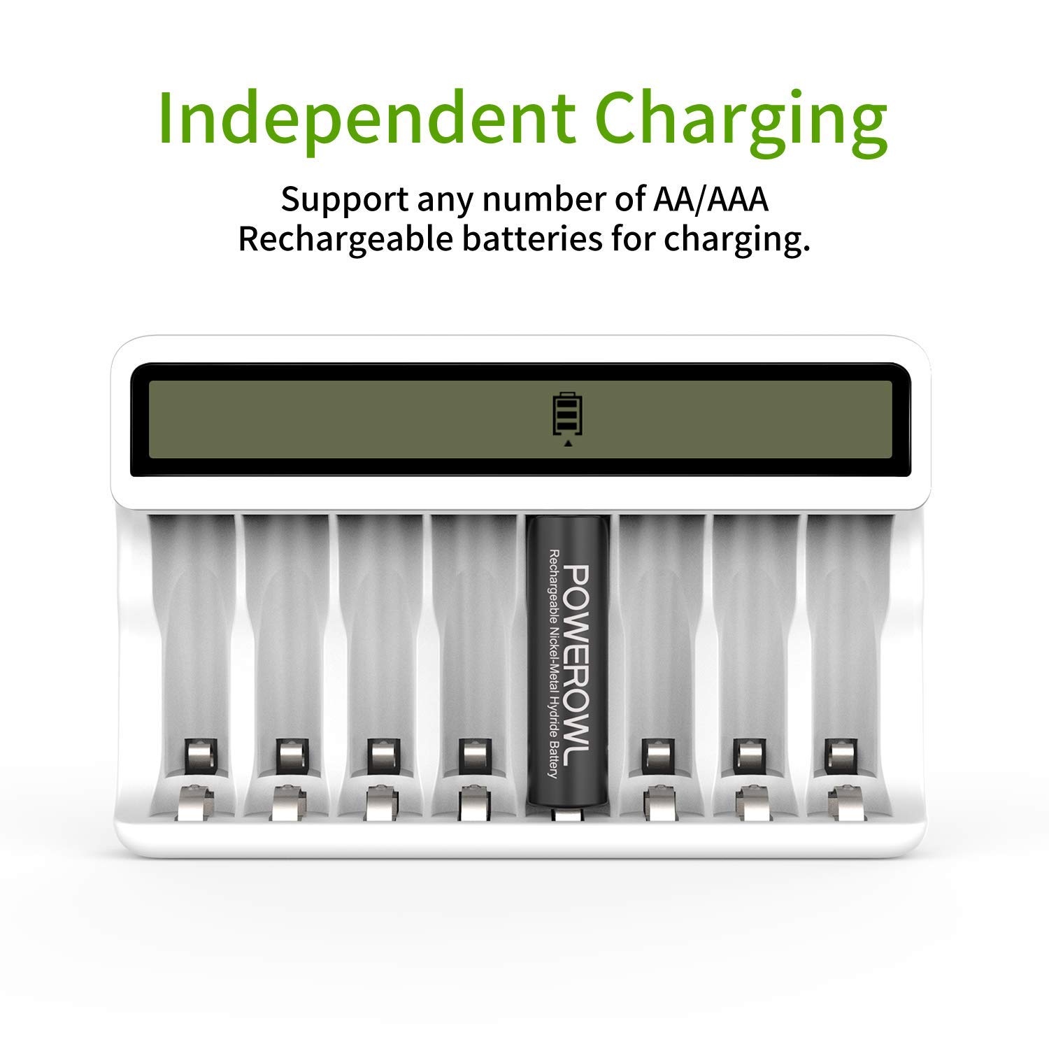 POWEROWL 8 Bay AA AAA Battery Charger with LCD Display (USB Quick Charging, Independent Slot) +AA 2800mAh & AAA 1000mAh 1.2V NiMH Battery Low Self Discharge, Pack of 16
