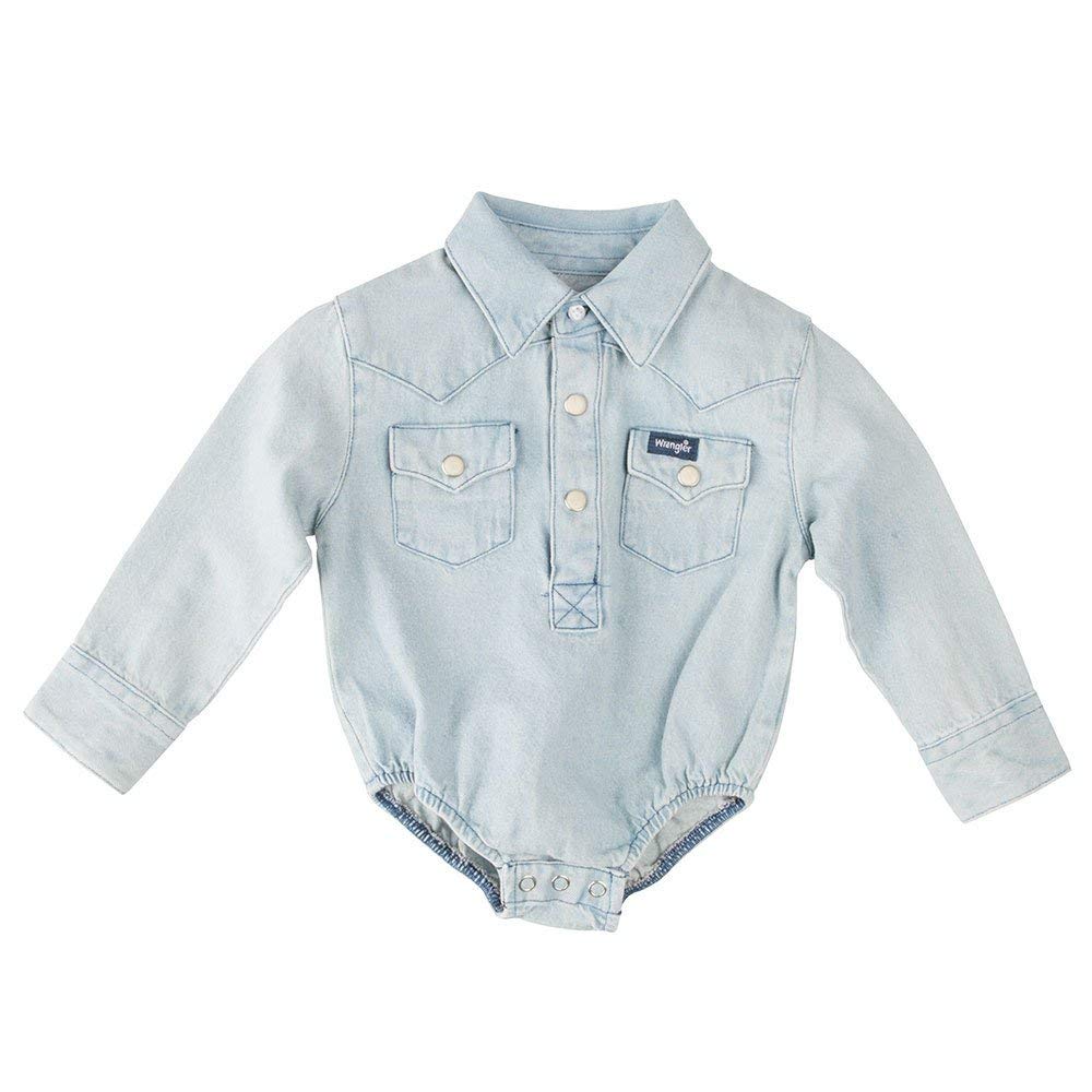 Wrangler Baby Boys Western Long Sleeve Denim Bodysuit, Faded Blue, 0-3 Months