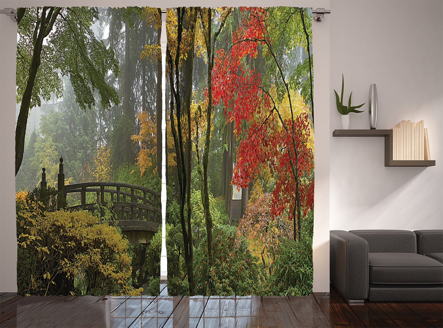 Ambesonne Landscape Curtains, Wet Wooden Bridge at Portland Japanese Garden Oregon in Autumn Season, Living Room Bedroom Window Drapes 2 Panel Set, 108" X 84", Green Orange