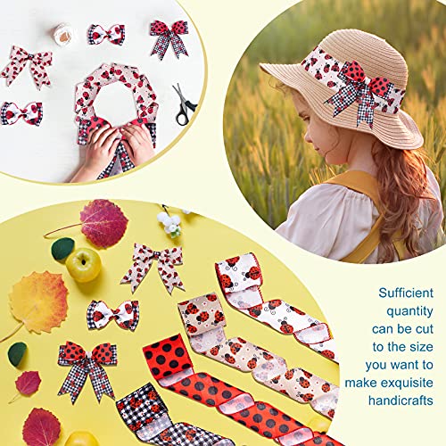 HAUTZADO 4 Rolls 2.5 Inch x 24 Yard Ladybugs Canvas Ribbons Lady Bug Wire Edged Wrapping Ribbon Red Polka Dot Wired Edge Ribbon Grosgrain Red Dot Craft Ribbon for Crafting Wrapping Party Decoration