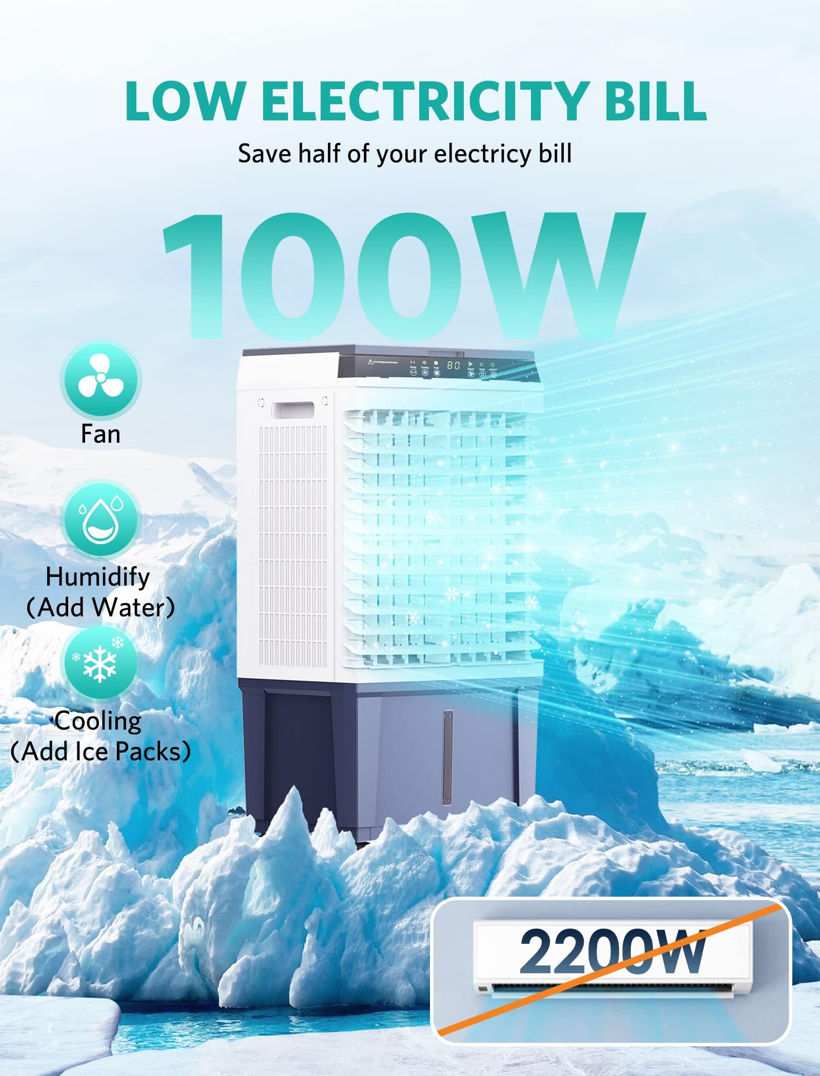 Air Choice Evaporative Air Cooler, 1800CFM Swamp Cooler with 12H Timer, Remote Control, 110° Oscillation & 5.3 Gal Water Tank, 4 Ice Packs, 3 Speeds, 3-in-1 Evaporative Cooler for Outdoor Indoor Use