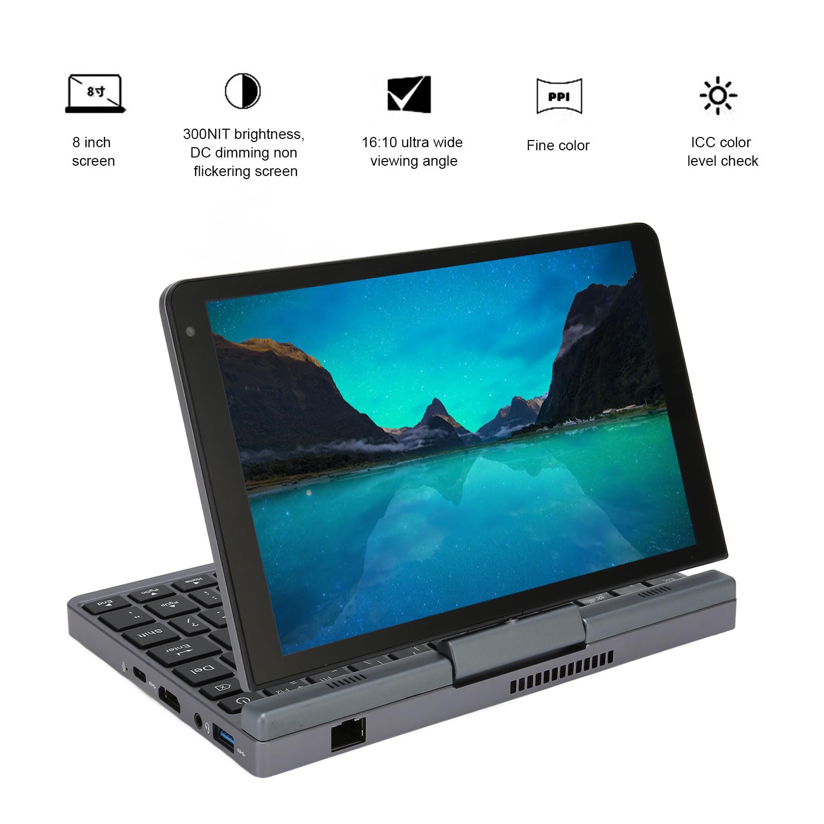 Airshi Foldable Mini Laptop LPDDR5 12GB RAM 180 Degree Flip 8 Inch PC Notebook Portable 1.9MP Camera for Work 10 11 Supported (12GB+256GB US Plug)
