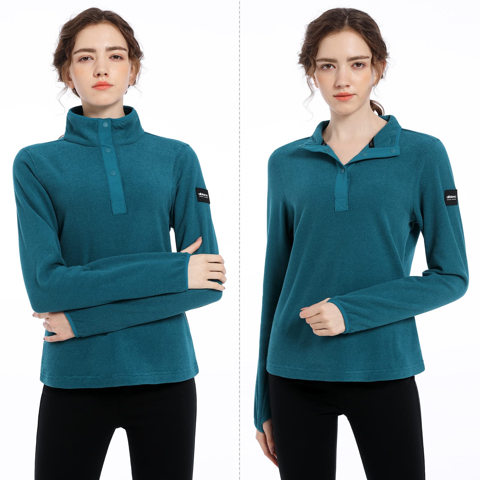 alblanc Fleece Pullover Women,Lightweight Soft Long Sleeve Womens Fall Tops with Thumb Hole,Snap Neck Pullover,Dark cyan L