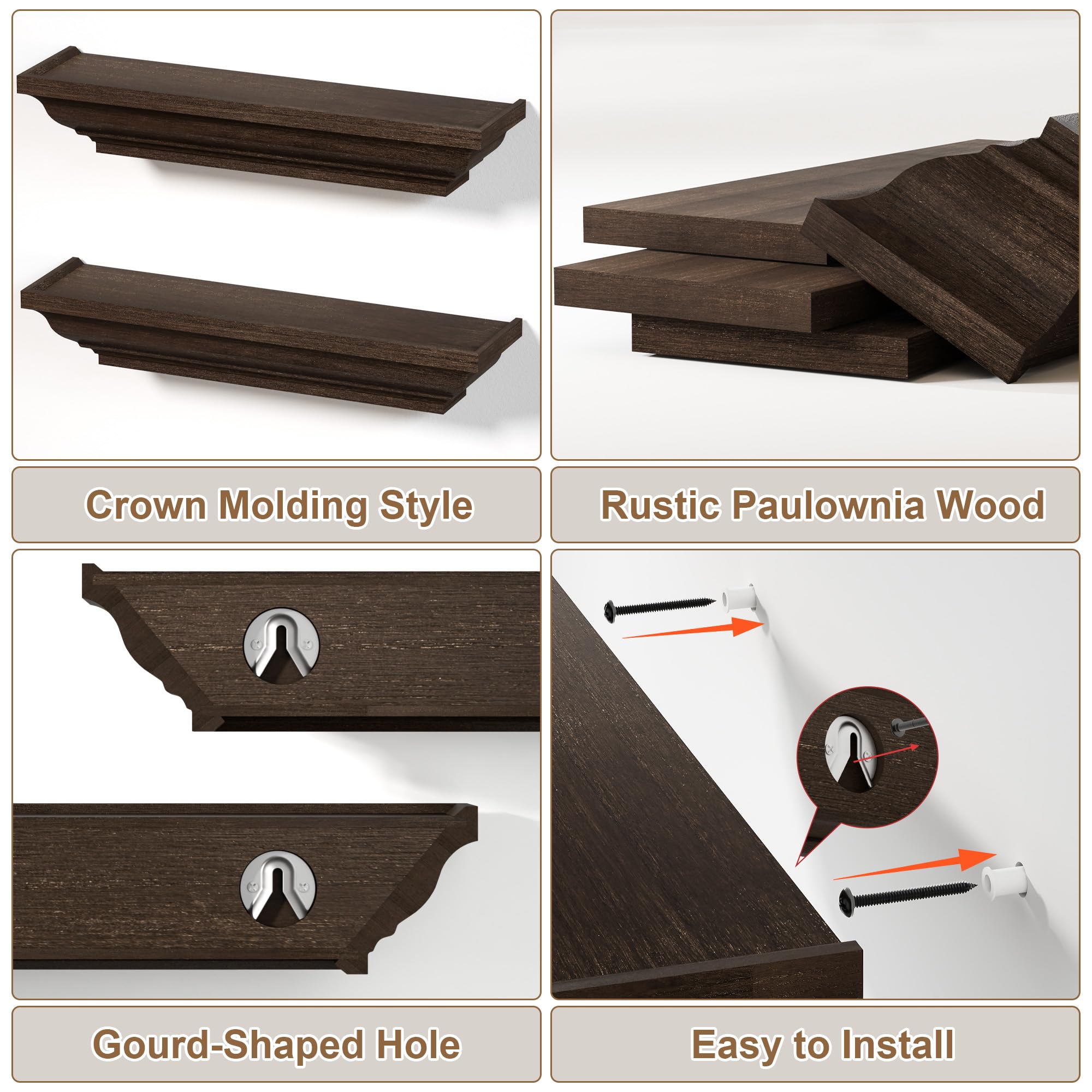 Alsonerbay Floating Shelves, Wood Shelves Rustic Shelves for Wall Storage, Wall Mounted Shelves for Bedroom Living Room Bathroom, 17 Inch 2 Pack (Dark Brown)