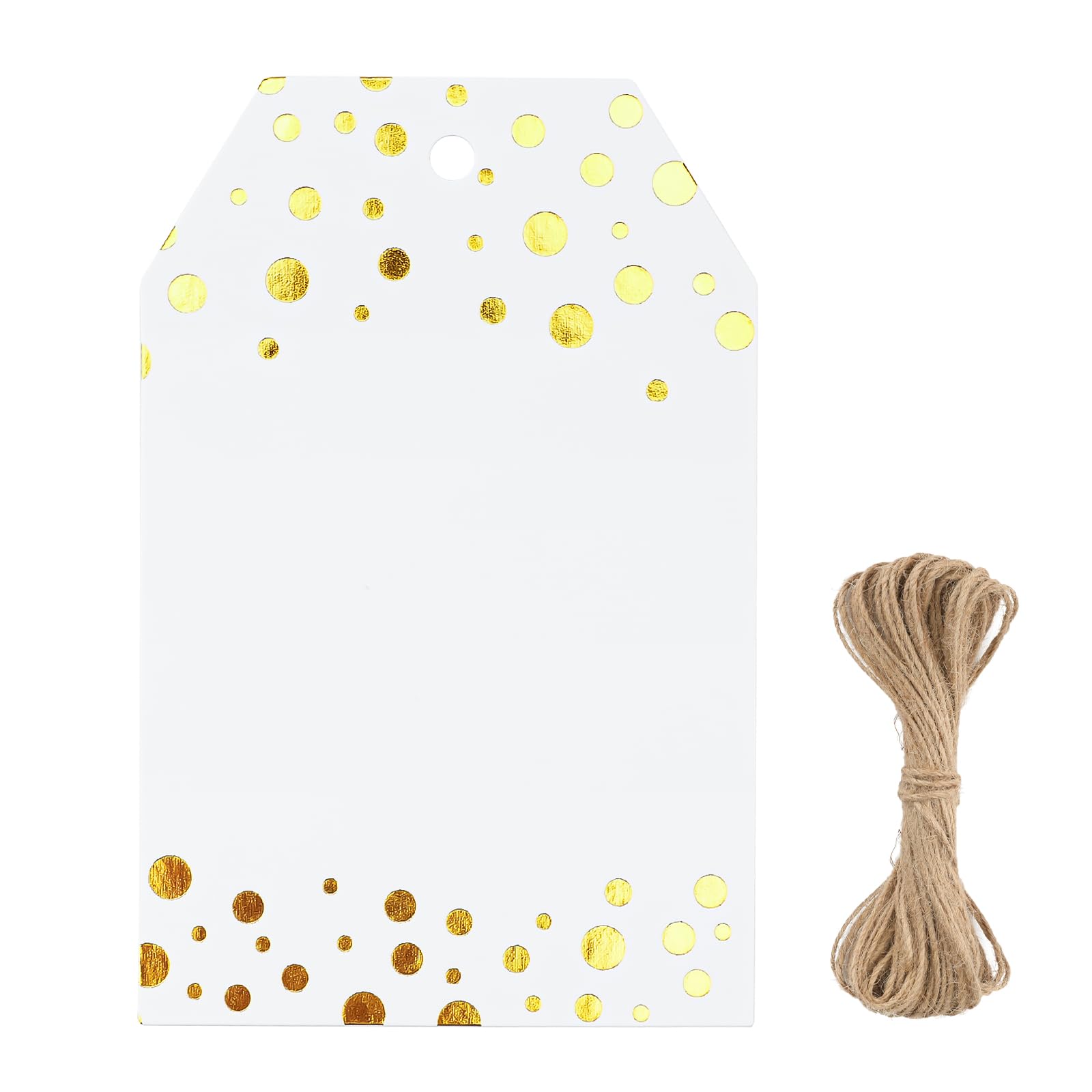G2PLUS Foil Gold Dots Gift Tags,50Pcs White Paper HangTags with String,Metallic Gold Dots Present Tags Personalized Blank Labels for Wedding,Gift Wrapping,Birthday,Party Favors(3.34"×2.16"