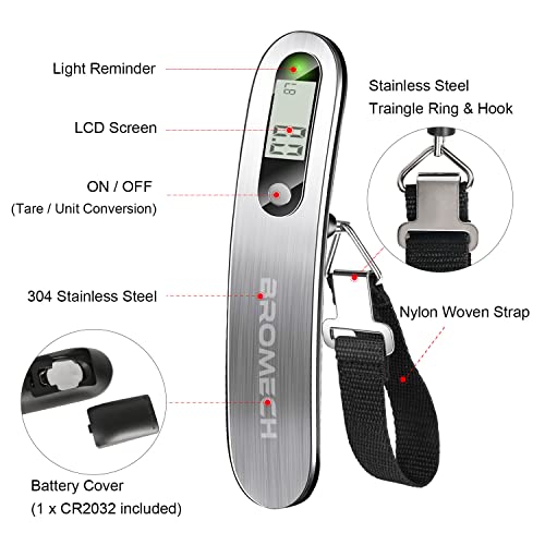 BROMECH Digital Luggage Scale, 110lbs Hanging Baggage Scale, Portable Suitcase Weighing Scale Stainless Steel, Travel Luggage Weight Scale with Hook, Strong Straps for Travelers, Battery Incl., Silver