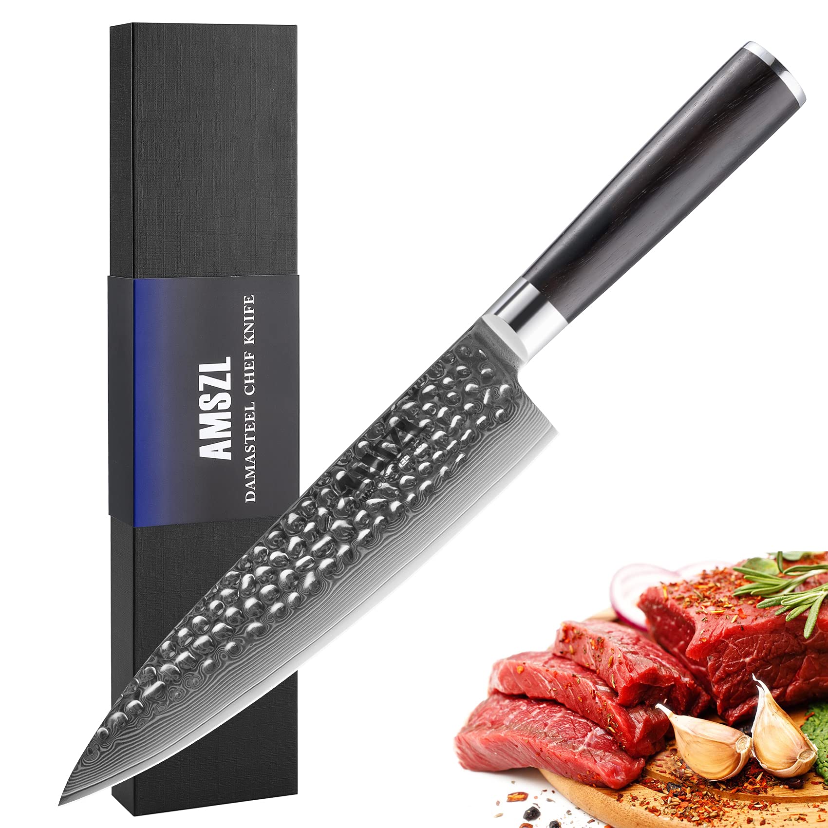 AMSZL Damascus Chef Knife 8-inch Japanese VG10 Stainless Steel Sharp Professional Kitchen knife, Hammered Forged, Ergonomic Ebony Handle, with GiftBox