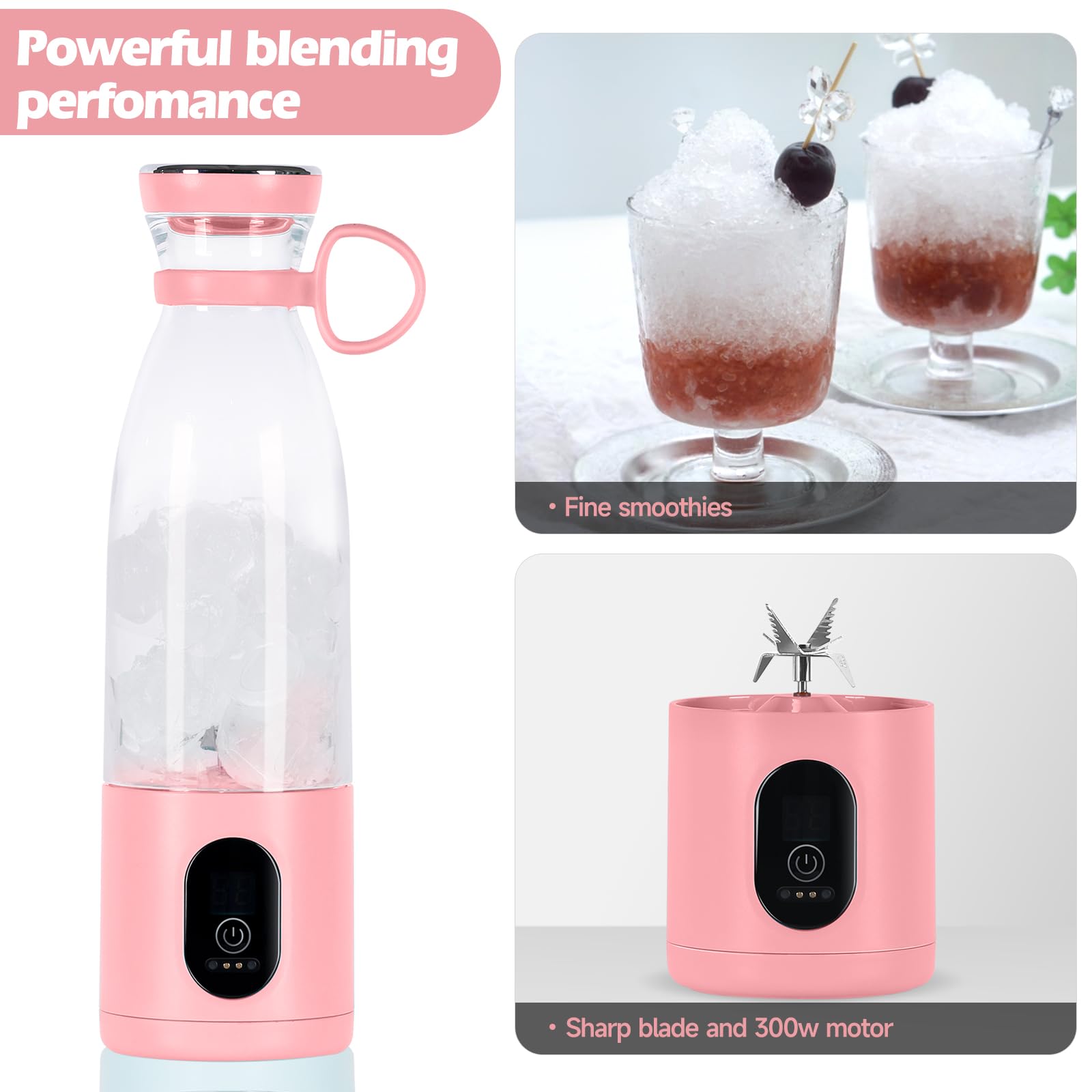 500ml Portable Blender with Protective cover,High power Mini Cordless Travel Blender for Shakes and Smoothies,Ice, Juice,Fruits (pink)