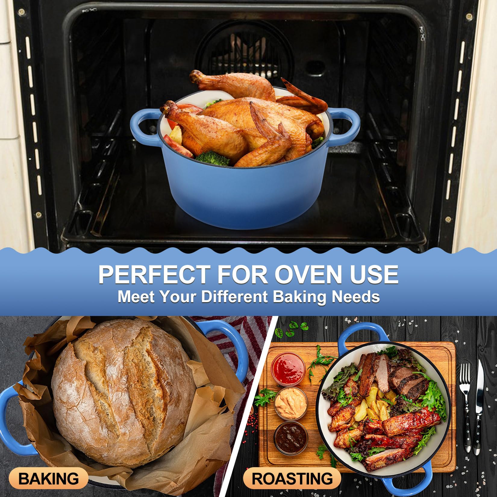 6 Quart Enameled Dutch Oven with Lid, P&P CHEF Cast Iron Dutch Oven Pot, Enamel Round Dutch Oven Cooking Pot for Braising, Stewing, Roasting, Baking, Various Stoves & Oven Safe, (Blue)