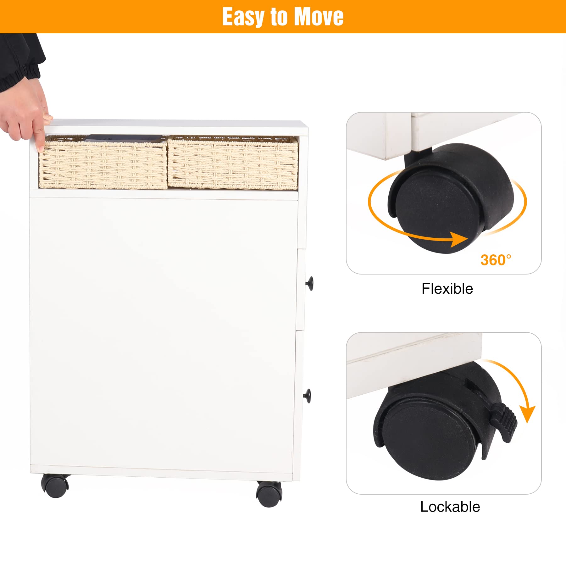 ALBOMI Slim Bathroom Storage Cabinet, Movable Narrow Toilet Paper Holder with Wheels and Drawers, Free Standing Small Bathroom Organizer for Small Spaces, 6" W x 20" D x 27.8" H, White