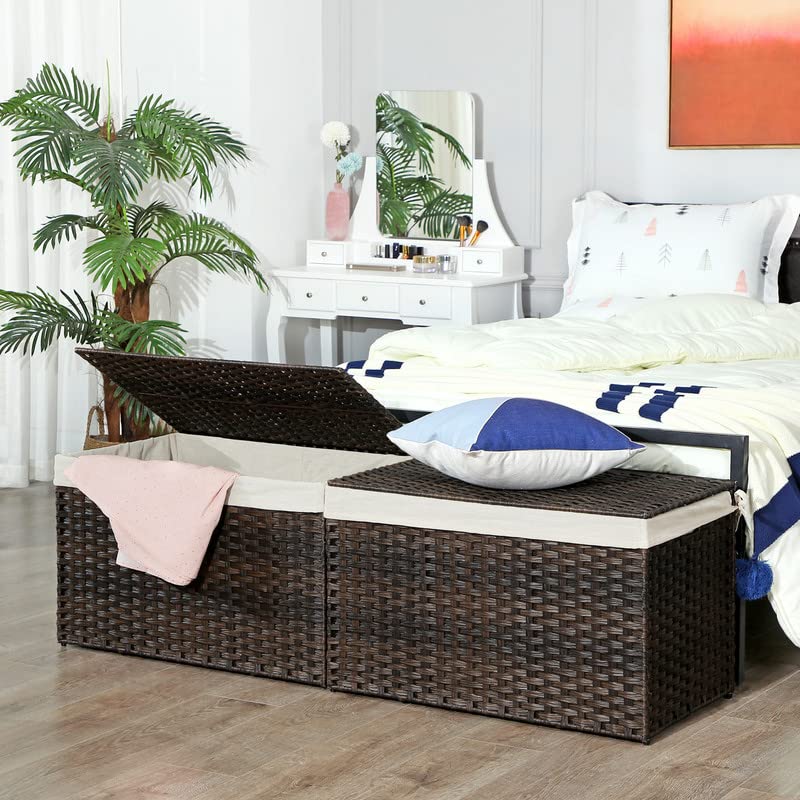 SONGMICS Storage Basket with Lid, Rattan-Style Storage Trunk with Cotton Liner and Handles, for Bedroom Closet Laundry Room, 29.9 x 17.1 x 18.1 Inches, Brown URST76BR