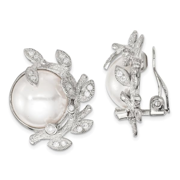 925 Sterling Silver Simulated Pearl Cubic Zirconia CZ Leaf Non Pierced Clip On Earrings