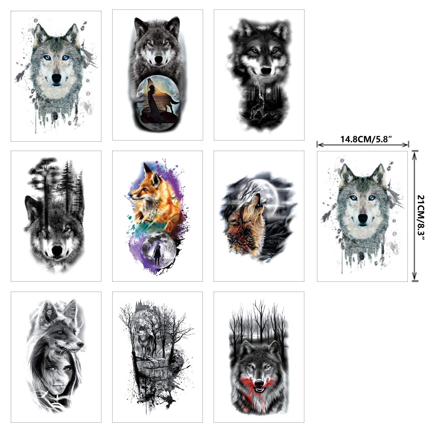 Wolf Temporary Fake Tattoo Stickers For Man Half Arm Size L8.3"xW5.8"