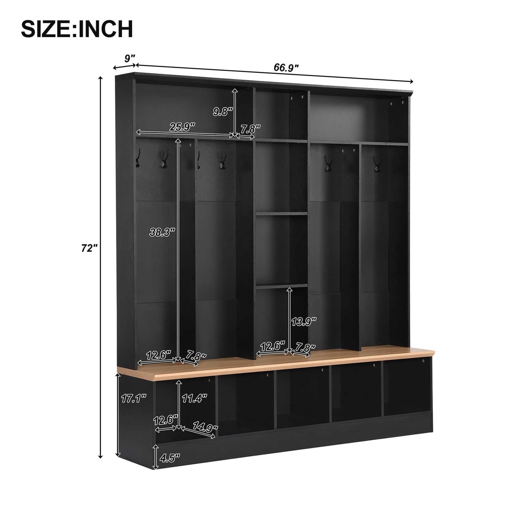67" W Hall Tree with Shoe Storage Bench, Minimalist Entryway Bench with Coat Rack, Cube Storage and Shelves, Multifunctional Mudroom Bench with Storage and 8 Hooks for Entryway, Hallway (Black)