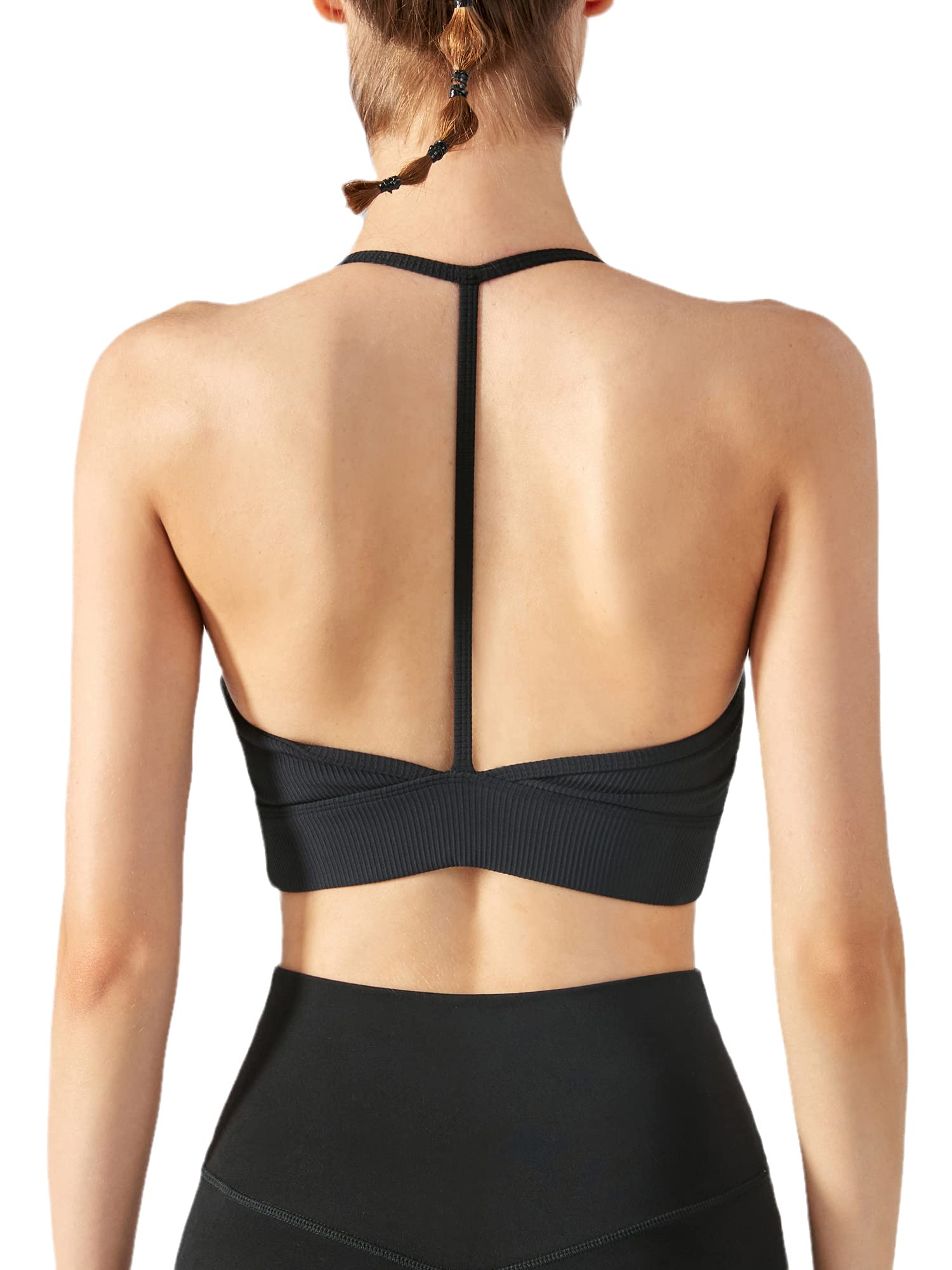 Abonlen Sports Bras for Women Ribbed Padded T Racerback Bras Yoga Workout Crop Tank Top (as1, Alpha, m, Regular, Regular, Black, Medium)