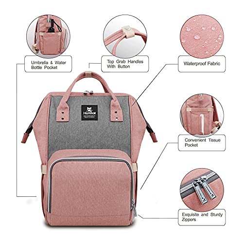 Hafmall Diaper Bag Backpack, Large Baby Diaper Bag with Stroller Hooks, Multifunctional Travel Nappy Bag, Stylish & Waterproof, Pink Gray