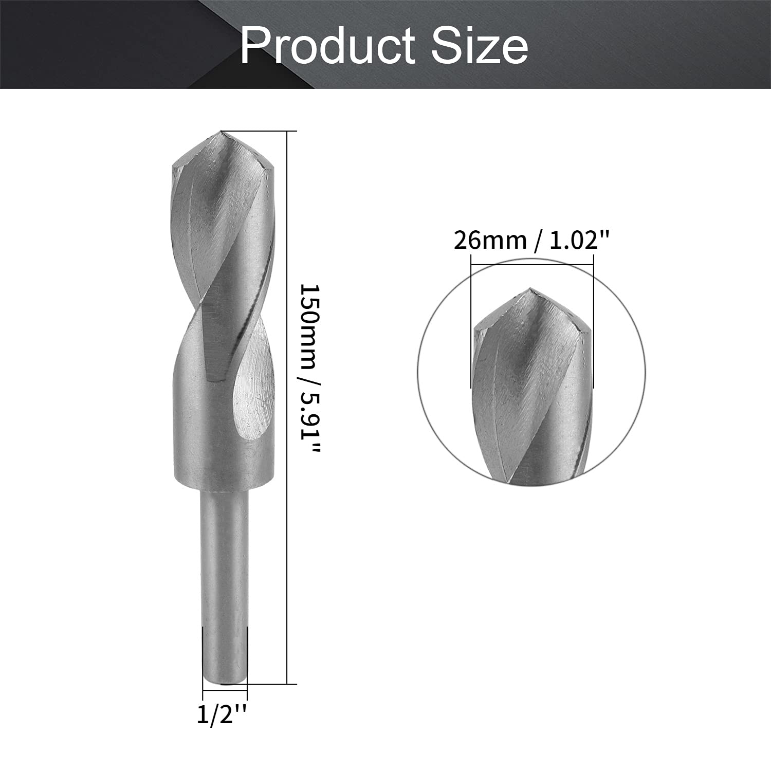 Utoolmart 130mm-155mm Length 1/2 inches High-Speed Steel Metal Twist Drill Bit Shank/Retractor Drill Bit Set Tool Straight Shank Rolling Process 26mm Drill Bit Diameter Milling Process 1 pcs