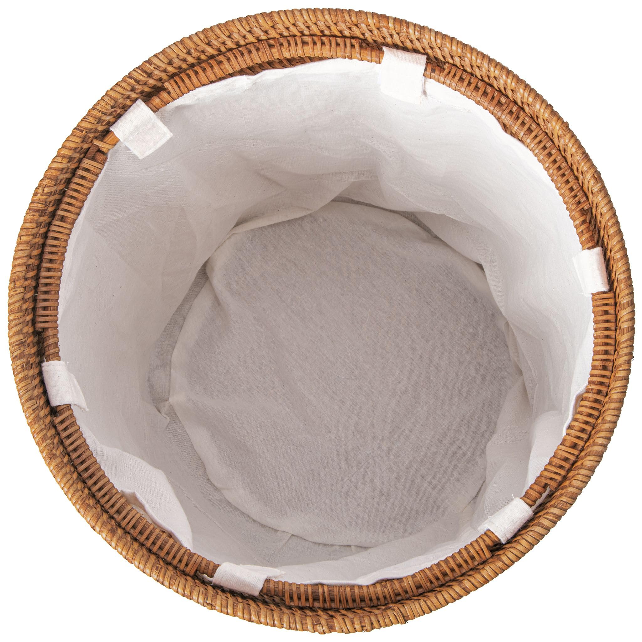 KOUBOO Round Rattan Laundry Hamper with Removable Liner and Lid - Coastal, Natural Decor Style - Small Size for Apartment Living - Honey-Brown -18 in. height
