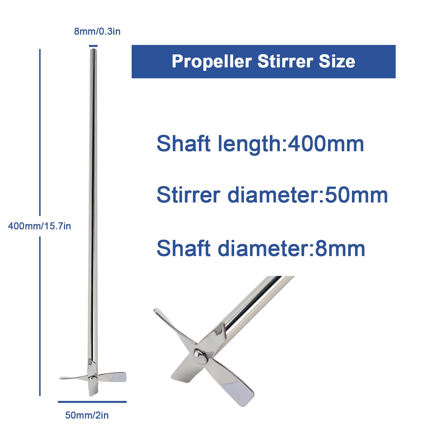 ONiLAB 18900071 316L Stainless Steel 4 Bladed Propeller Stirrer ,50 mm Stirrer Diameter, 8 mm Shaft Diameter, 400 mm Shaft Length