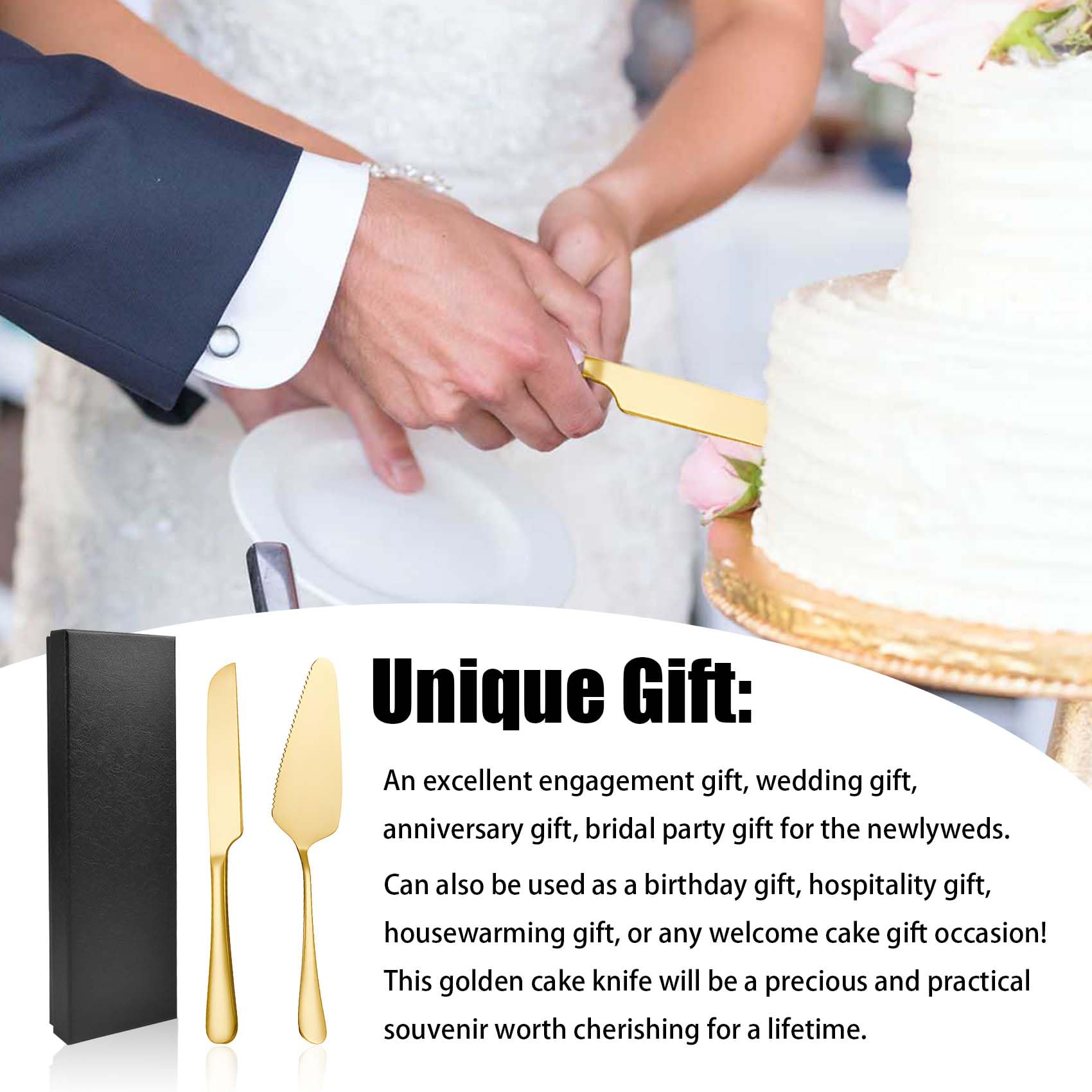 Zoyiancy Wedding Cake Knife and Server Set, Gold Cake Cutting Set, Stainless Steel Cake Cutter Slicer, Cake Cutter Set for Wedding, Birthday, Parties and Events
