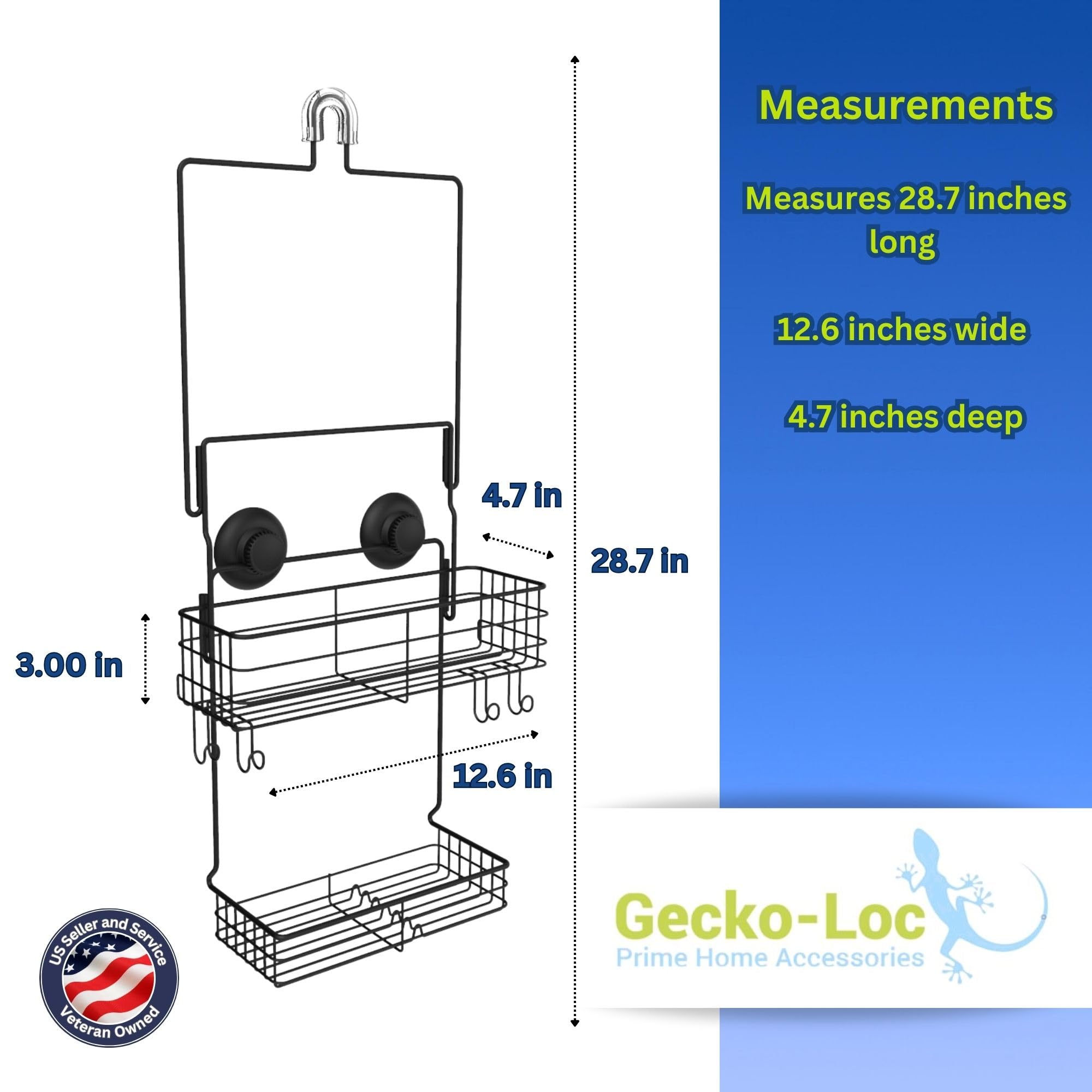 Gecko-Loc Extra Long Wide Adjustable Length over the showerhead hanging shower caddy organizer - for Shampoo, Soap, & Razors - Black