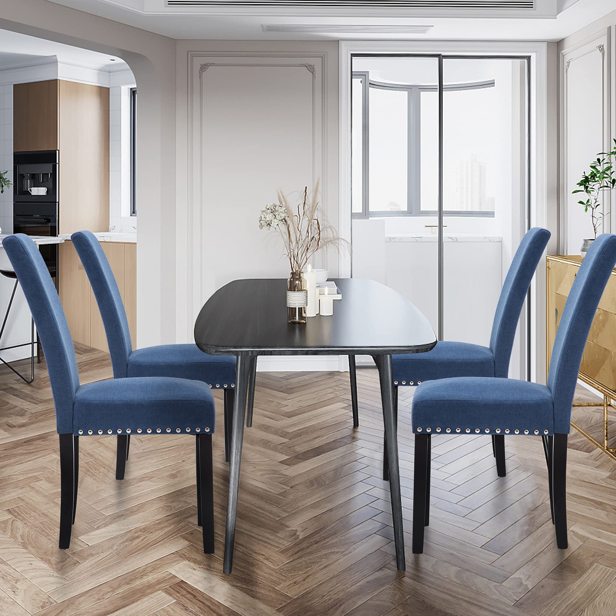 LSSPAID Dining Chairs, Fabric Padded Dining Room Chairs, Nail Head Trim Dining Chair, Blue, Set of 4