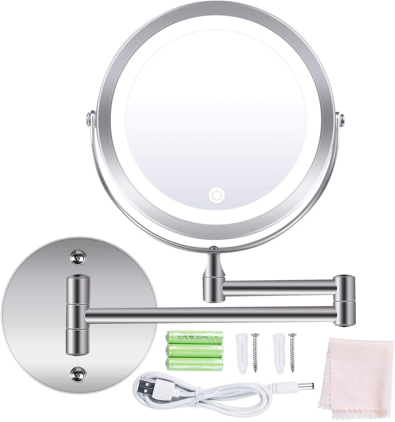 Wall Mounted Makeup Mirror, 1X 10X Magnification 360 Degree Rotation Double Sided Led Lighted Vanity Mirrors for Bathroom AC Adapter or Battery Operated
