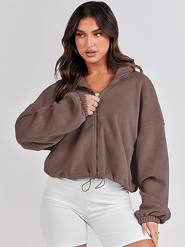 ANRABESS Jacket for Women Full Zip Oversized Fleece Crop Sherpa Coat Long Sleeve Drop Shoulder Stand Collar Drawstring Hem Soft Cozy Thick Trendy Winter Tops Outfits 1097qianzong-L