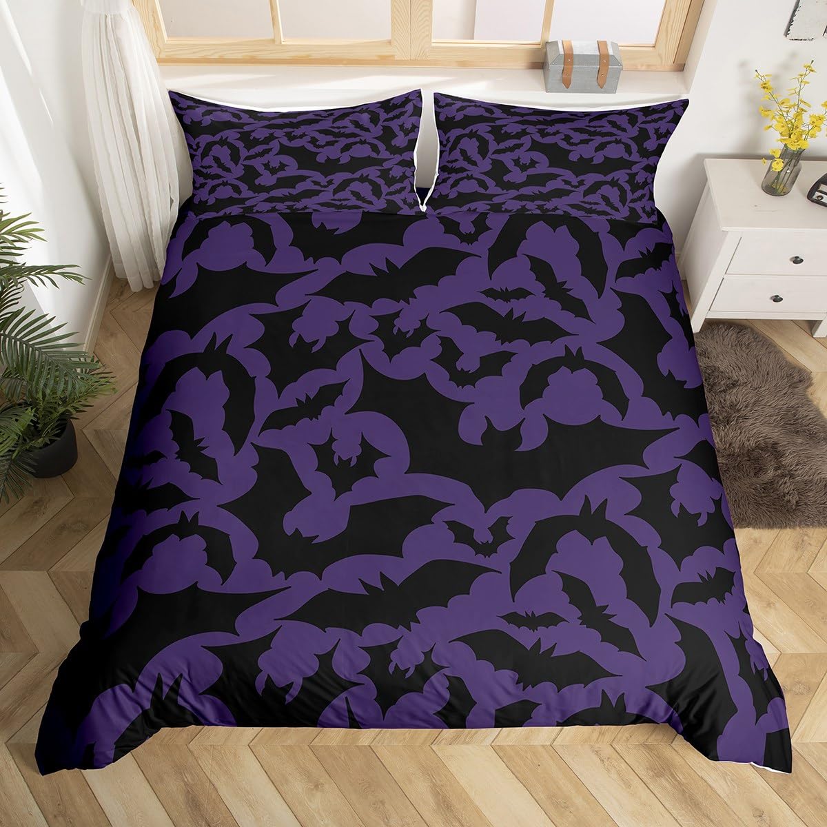 Halloween Themed Bedding Set Queen Size,Black Bats Animal Print Duvet Cover Set for Children Bedroom Present, Dark Purple Color Microfiber Comforter Cover with 2 Pillowcases (NO Comforter)