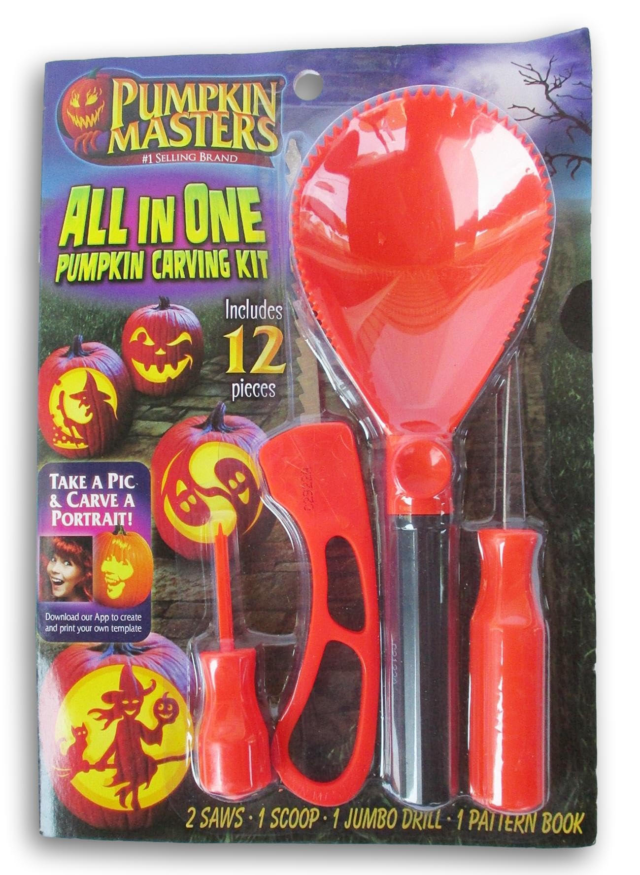 All in One Pumpkin Carving Kit Mega Pack - 18 Patterns, 5 Saws, 2 Scoops, 1 Jumbo Drill, and 1 Poker