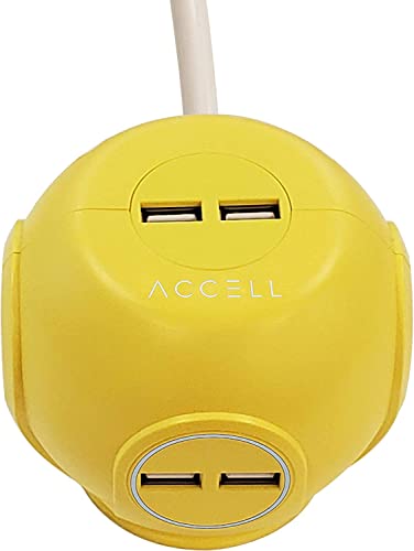 Accell Power Cutie - Compact Surge Protector with 3 Tamper Resistant 540J Surge Protected AC outlets and 4 USB-A Charging Ports, 6ft Cord, Yellow (D080B-049E)